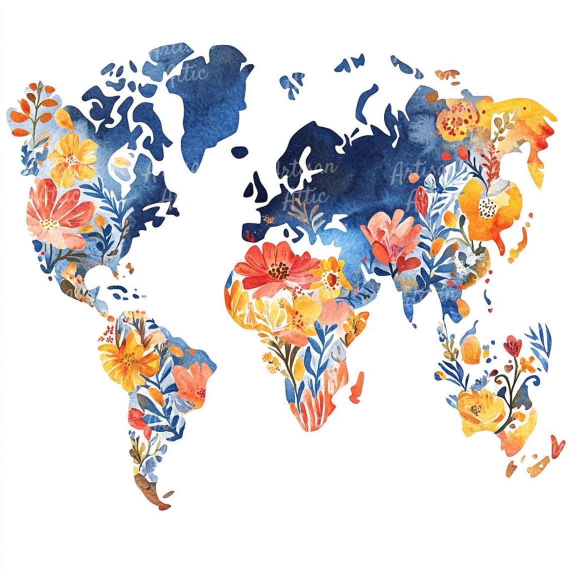 12 Watercolor World Map Clipart | Floral World Map Digital Download ...