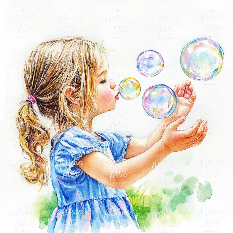 10 Watercolor of Happy Little Girl Blowing Soap Bubbles With Joyful ...