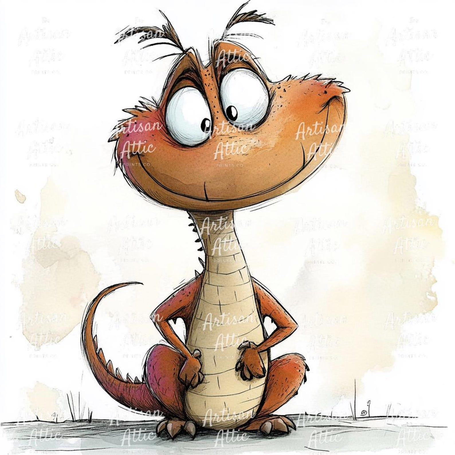 11 Brown Baby Dragon With Orange Wings and Goofy Grin Watercolor ...