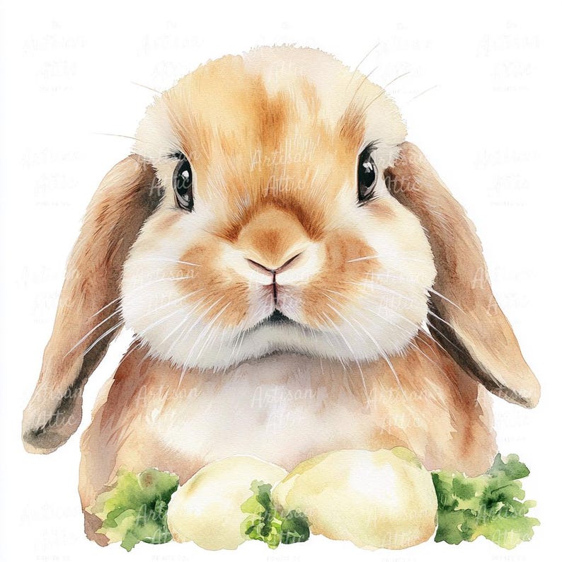 12 Fluffy Bunny Watercolor Clipart, Cute Rabbit With Lettuce, Digital ...