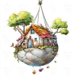15 Quirky Floating House Watercolor Clipart | Fantasy Cottage on Rock ...