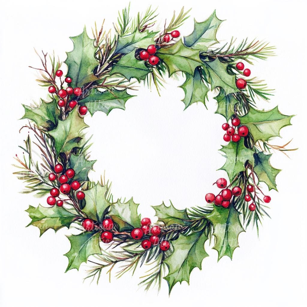 12 Watercolor Holly Wreath Clip Art for Christmas, Holiday Crafts, DIY ...