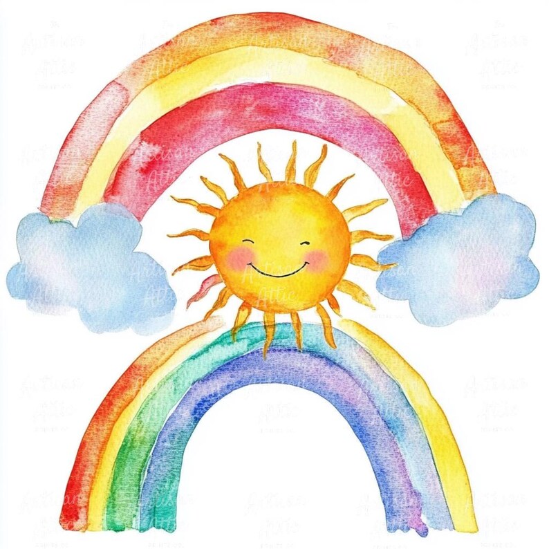 12 Watercolor Sun and Rainbow Clipart, Cute Rainbow Illustration, Happy ...