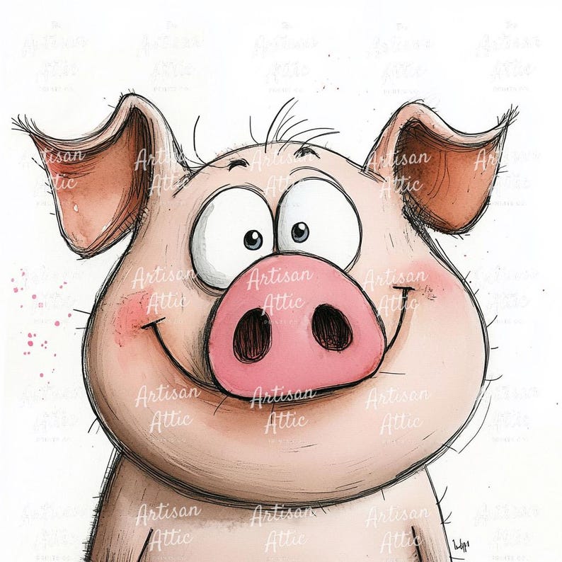 11 Quirky Watercolor Pig With Goofy Eyes and Floppy Ears, Pink Snout ...
