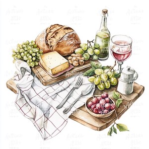 12 Watercolor Clipart Cheese Bread Grapes Wine Picnic Board for Digital ...