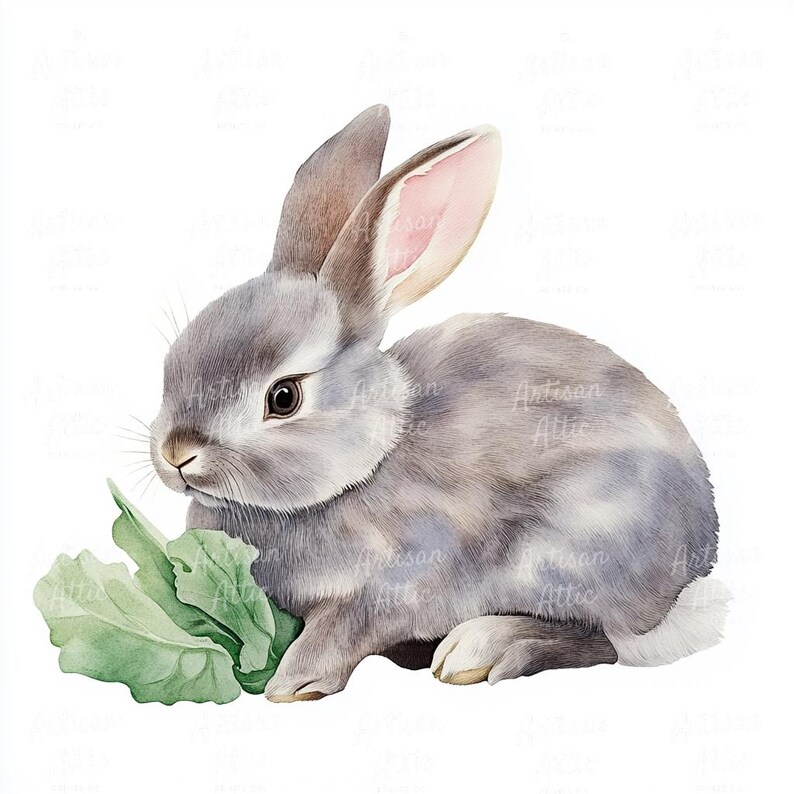 12 Fluffy Bunny Watercolor Clipart, Cute Rabbit With Lettuce, Digital ...