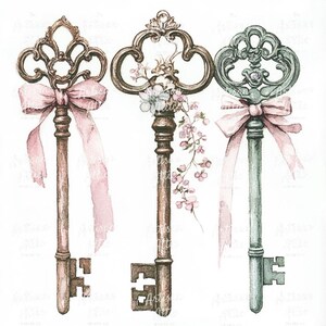 12 Vintage Floral Skeleton Key Clipart – Ornate Watercolor Keys With ...
