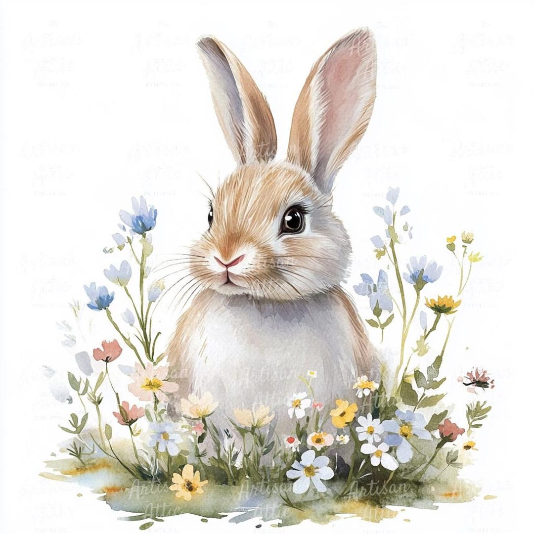 12 Floral Bunny Watercolor Clip Art Digital Download | Cute Rabbit ...