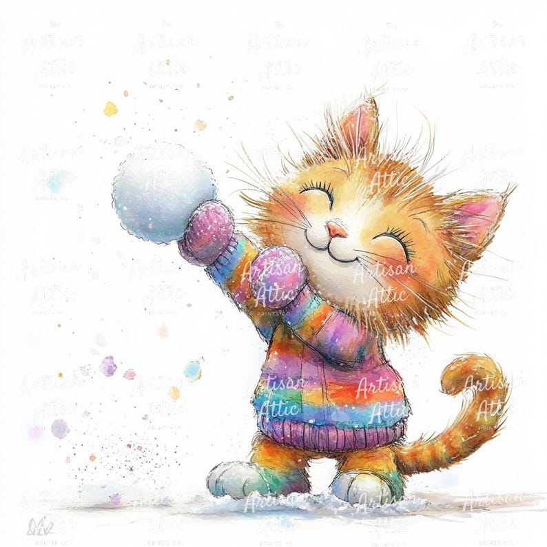 Rainbow Cat Snowball Fight Watercolor Clipart, Whimsical Winter Pet ...