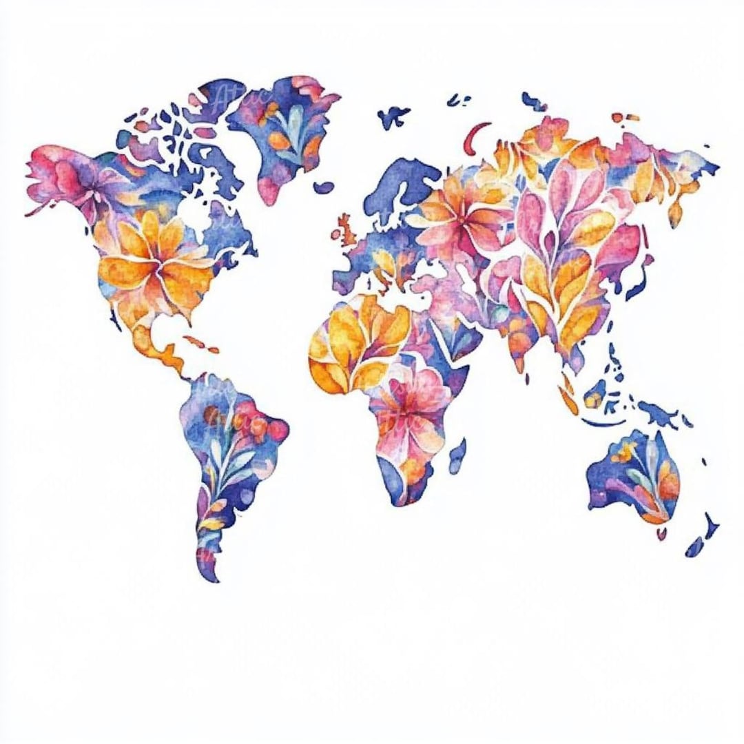 12 Watercolor World Map Clipart | Floral World Map Digital Download ...