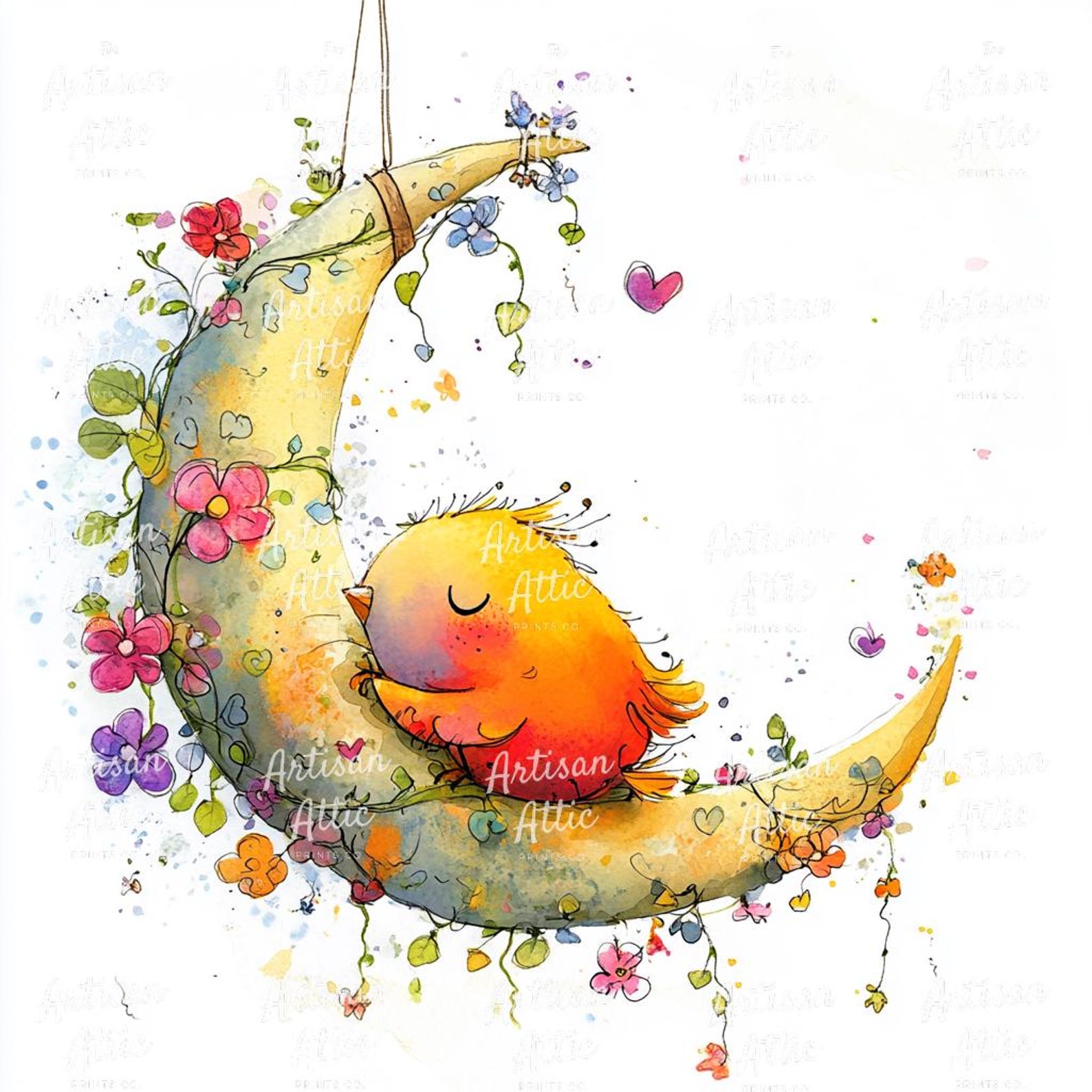 11 Sleepy Songbird on Crescent Moon Watercolor Clipart, Dreamy Bird ...