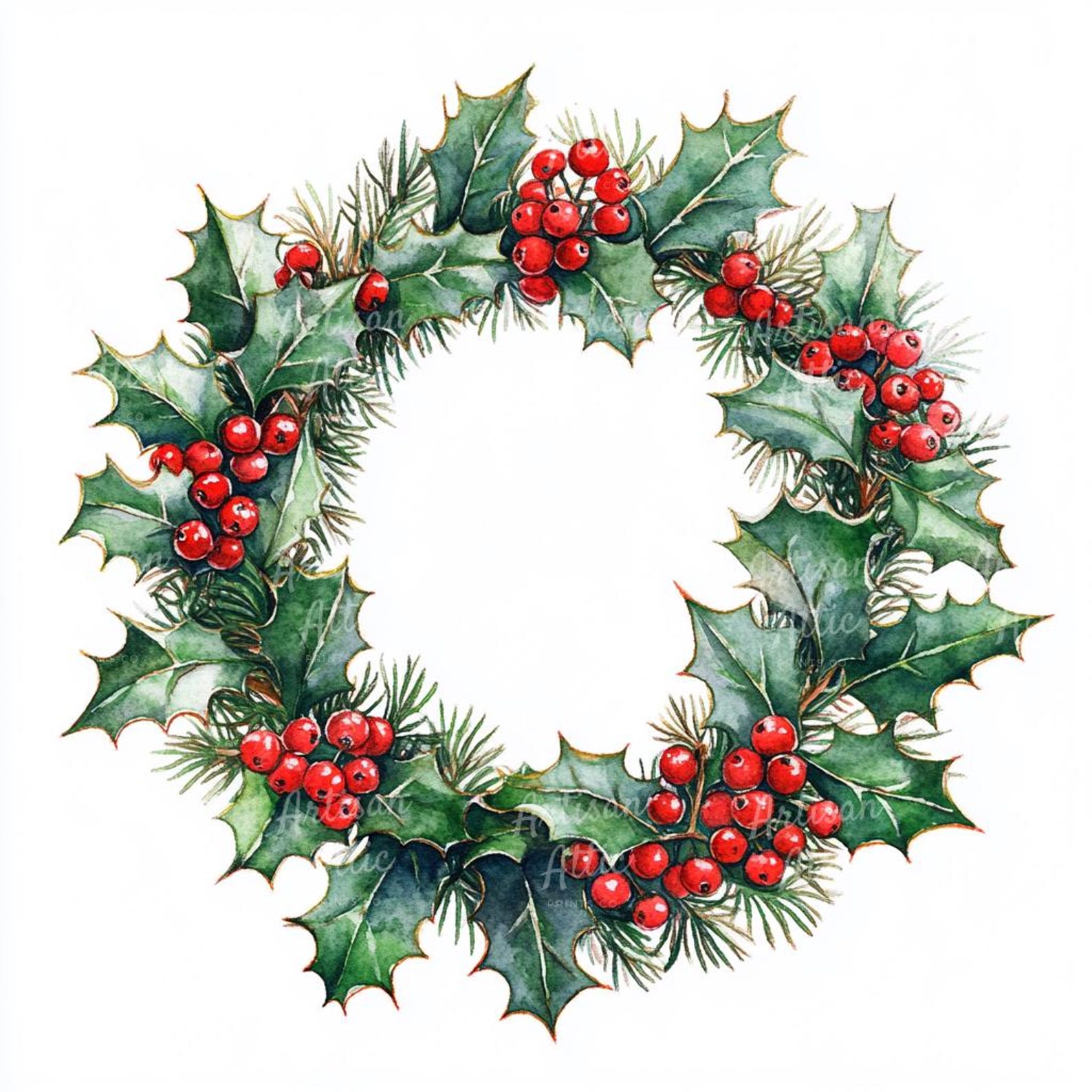 12 Watercolor Holly Wreath Clip Art for Christmas, Holiday Crafts, DIY ...