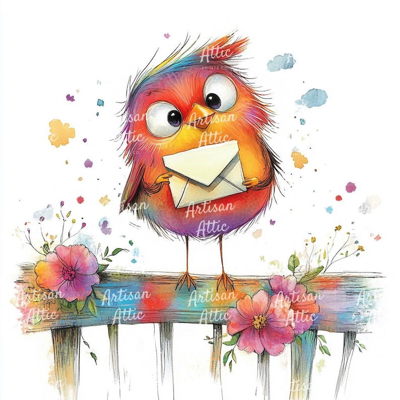 12 Quirky Watercolor Bird Clipart Holding Letter on Fence, Floral ...