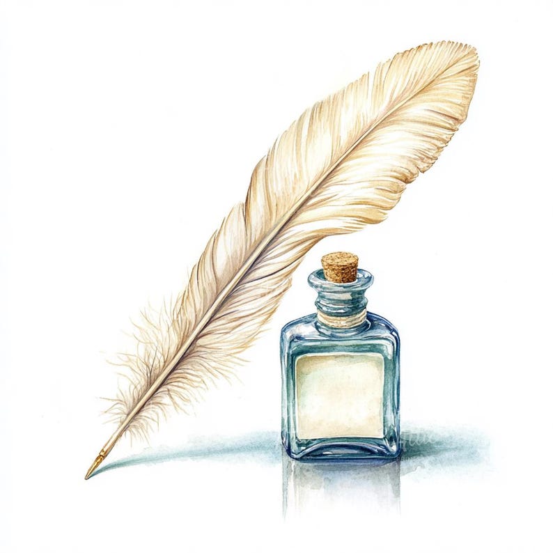 12 Watercolor Ink Bottle Clipart With Feather, Elegant Stationery ...