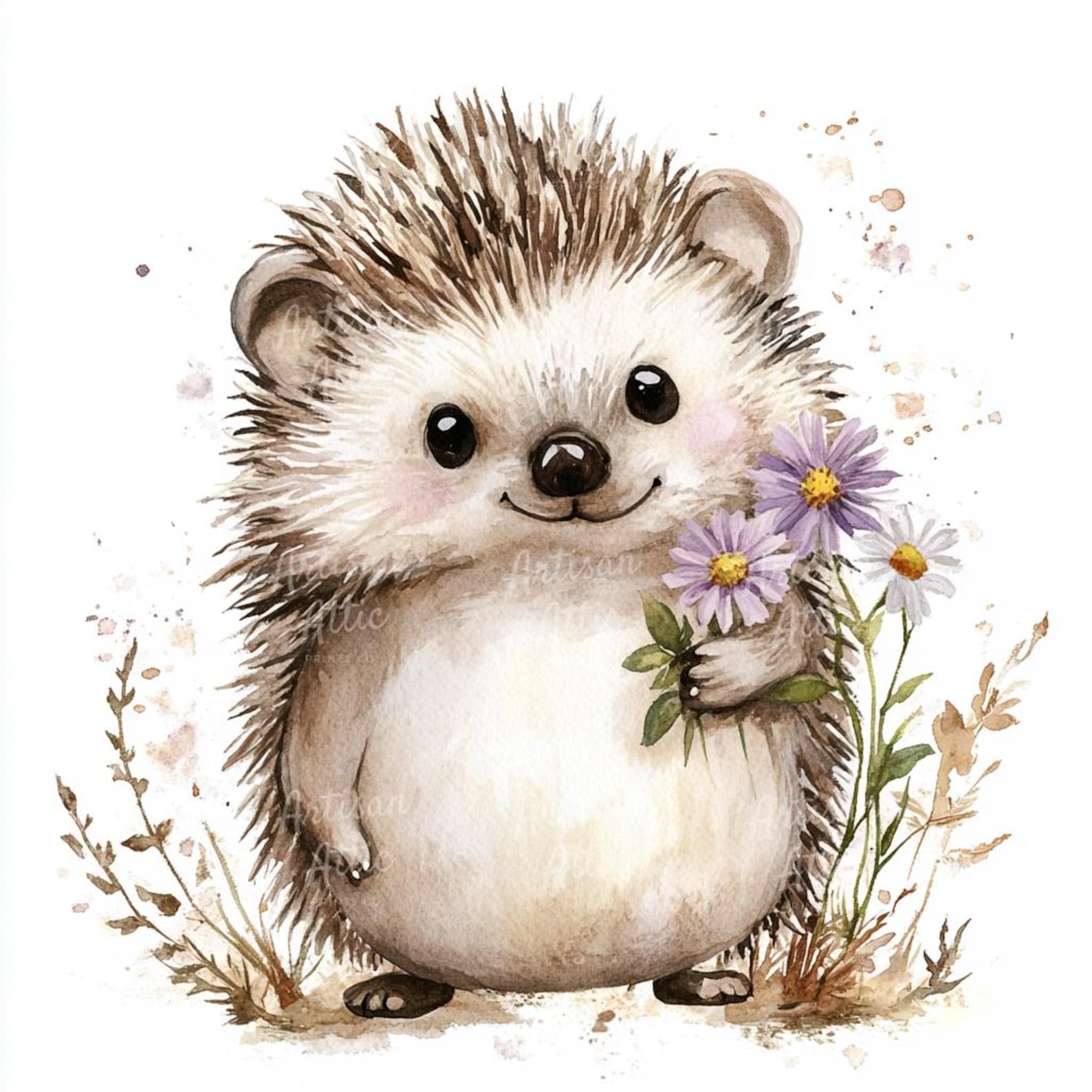 12 Watercolor Hedgehog Clipart | Cute Animal Clipart | Flower Holding ...