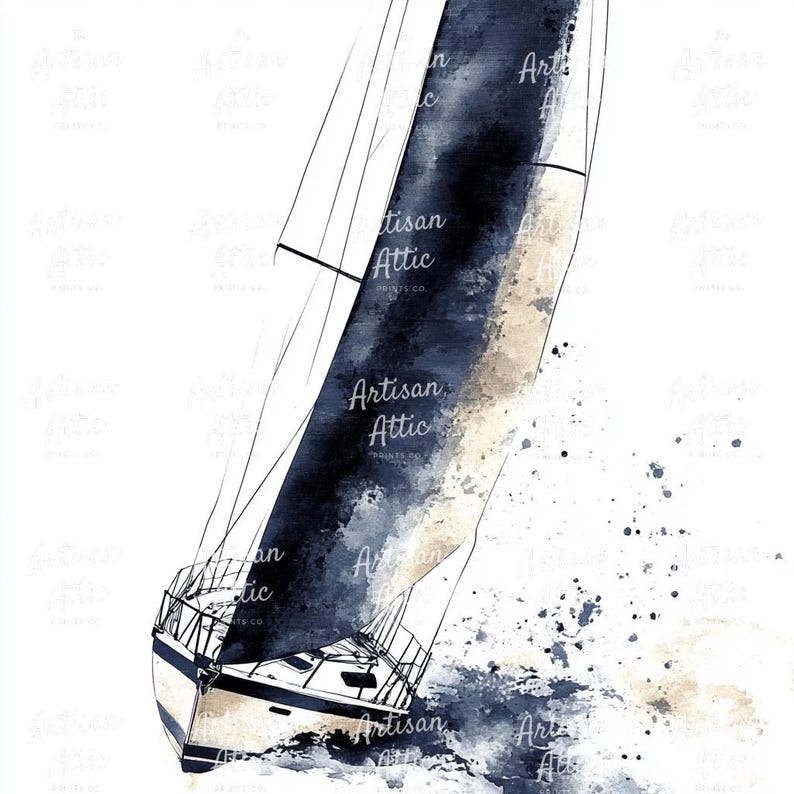 Navy Sailboat Watercolor Clipart: Nautical Scrapbook Images (JPG ...
