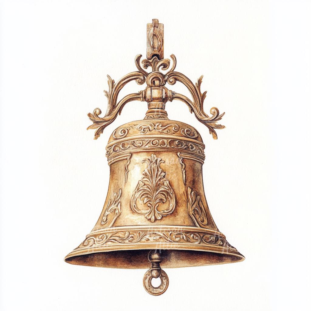 12 Watercolor Vintage Bell Clipart, Ornate Bronze Bell With Crown ...