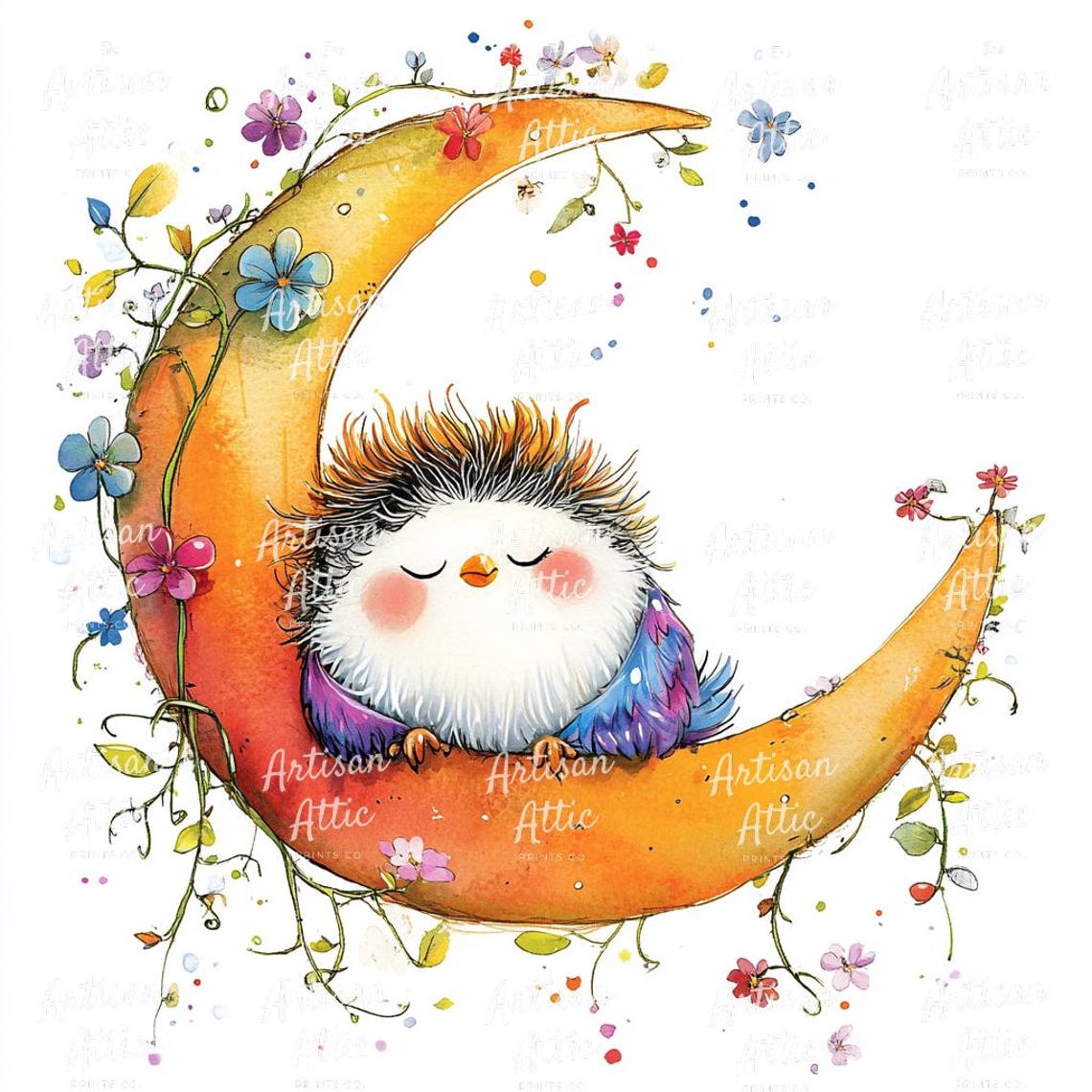 11 Sleepy Songbird on Crescent Moon Watercolor Clipart, Dreamy Bird ...