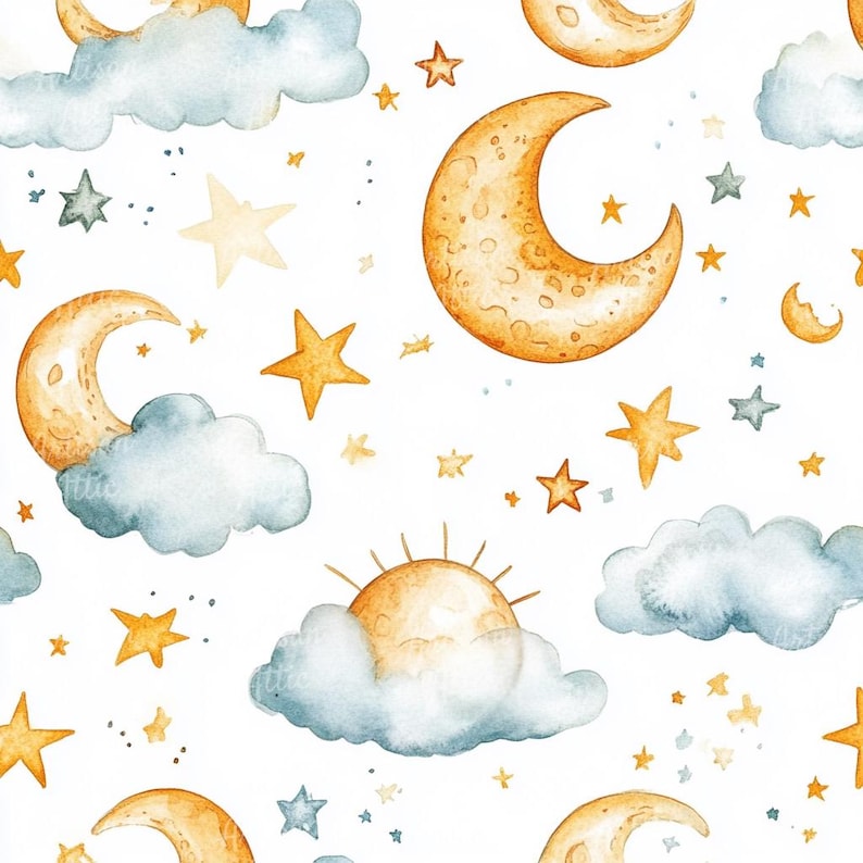 12 Watercolor Night Sky Clipart | Moon and Stars | Clouds and Sun ...