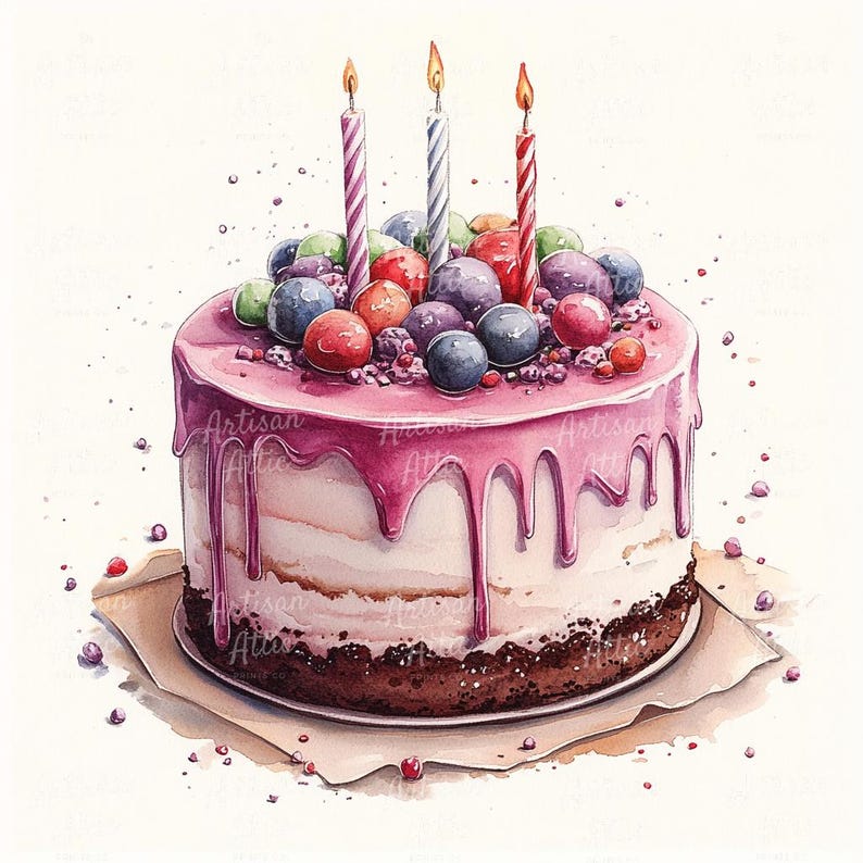 12 Watercolor Birthday Cake Digital Clipart | Purple Drip Cake With ...