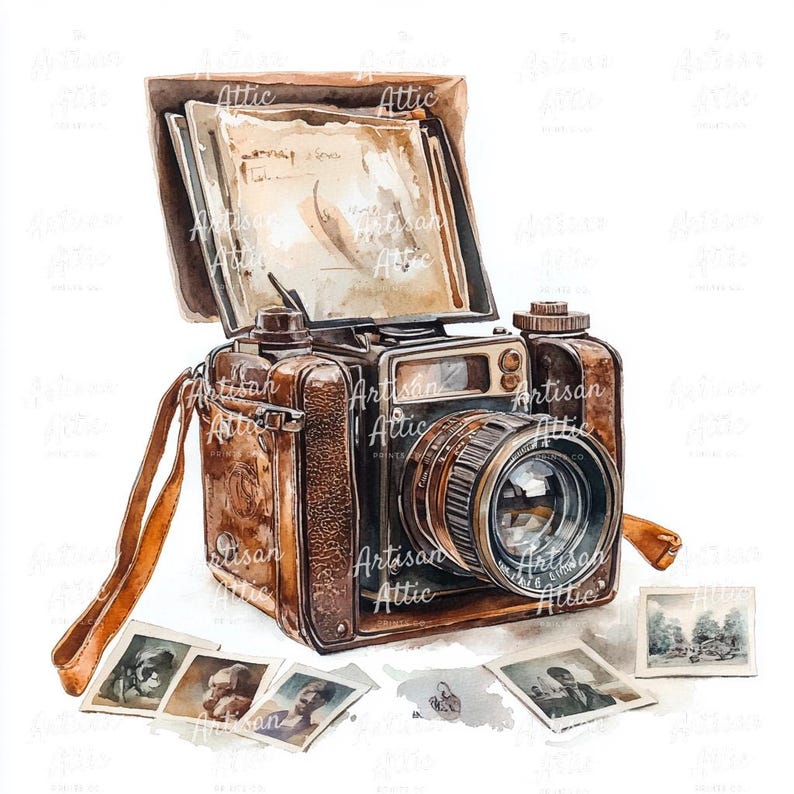 12 Vintage Watercolor Camera and Retro Photo Prints Clipart for Digital ...