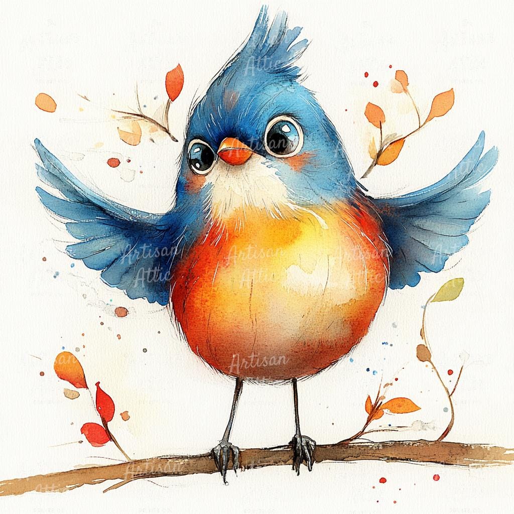 9 Playful Bluebird Watercolor Clip Art Digital Download | Cute Bird ...