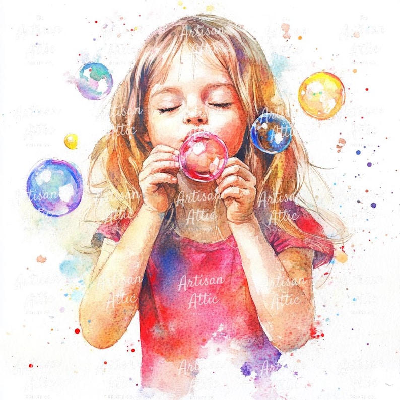 10 Watercolor of Happy Little Girl Blowing Soap Bubbles With Joyful ...