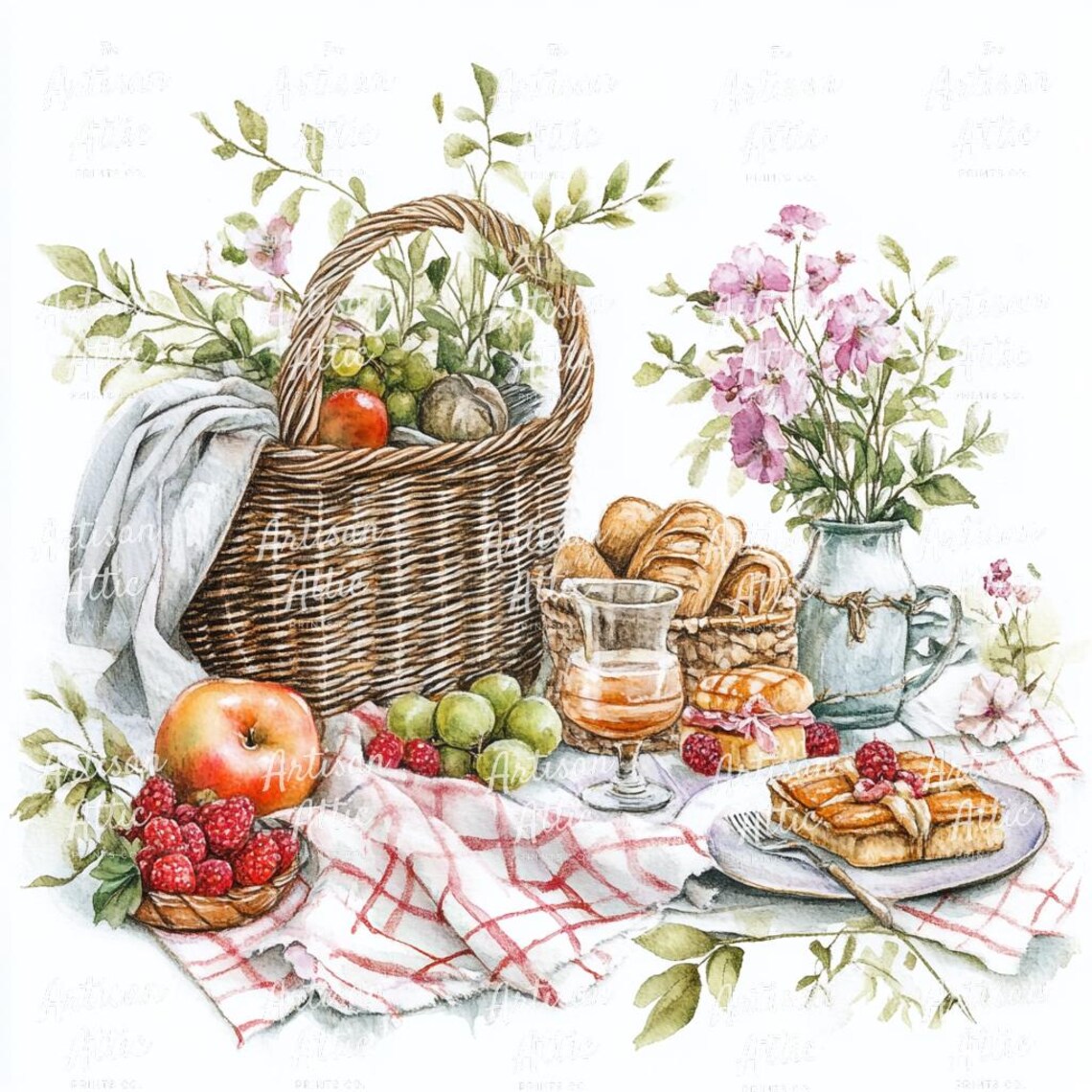 14 Watercolor Picnic Basket Clipart, Rustic Still Life With Fruit ...