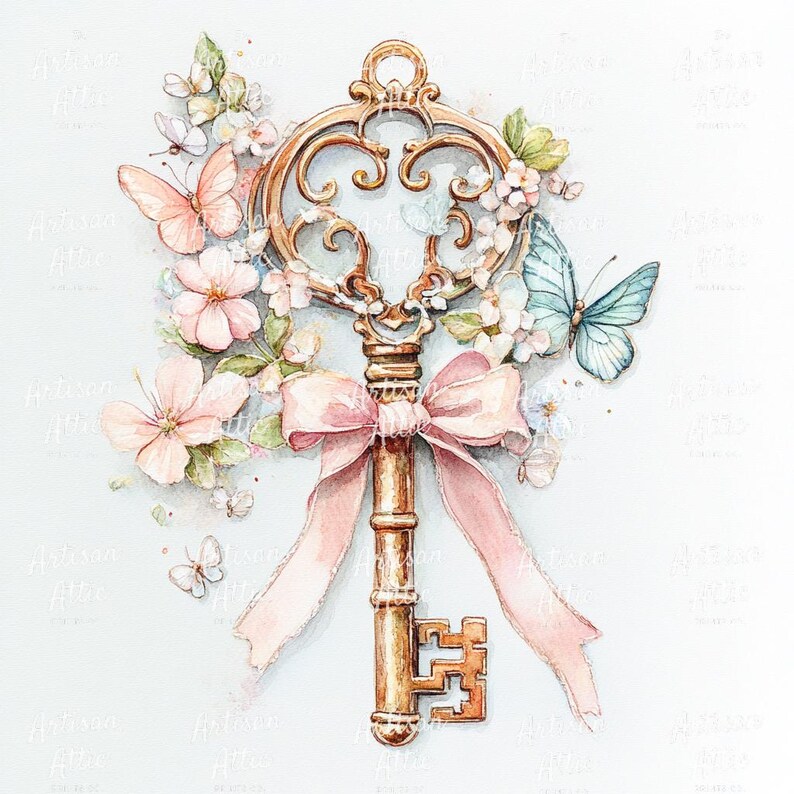 11 Vintage Skeleton Key With Purple Ribbon Watercolor Printable Art ...