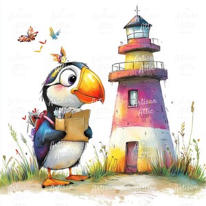 Watercolor Puffin With Love Letters, Coastal Lighthouse Clipart ...
