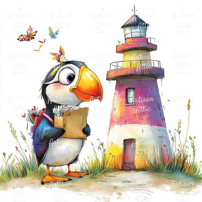 Watercolor Puffin With Love Letters, Coastal Lighthouse Clipart ...