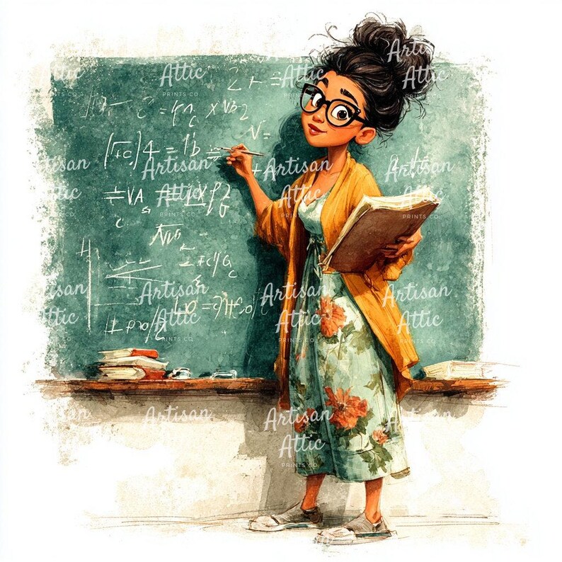 19 Watercolor Cheerful Female Teacher Pointing at Math Chalkboard ...