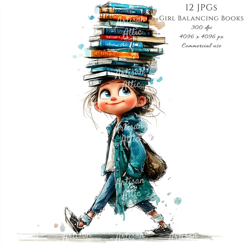 Girl Balancing Books Illustration, Whimsical Reading Artwork, Kids Room ...