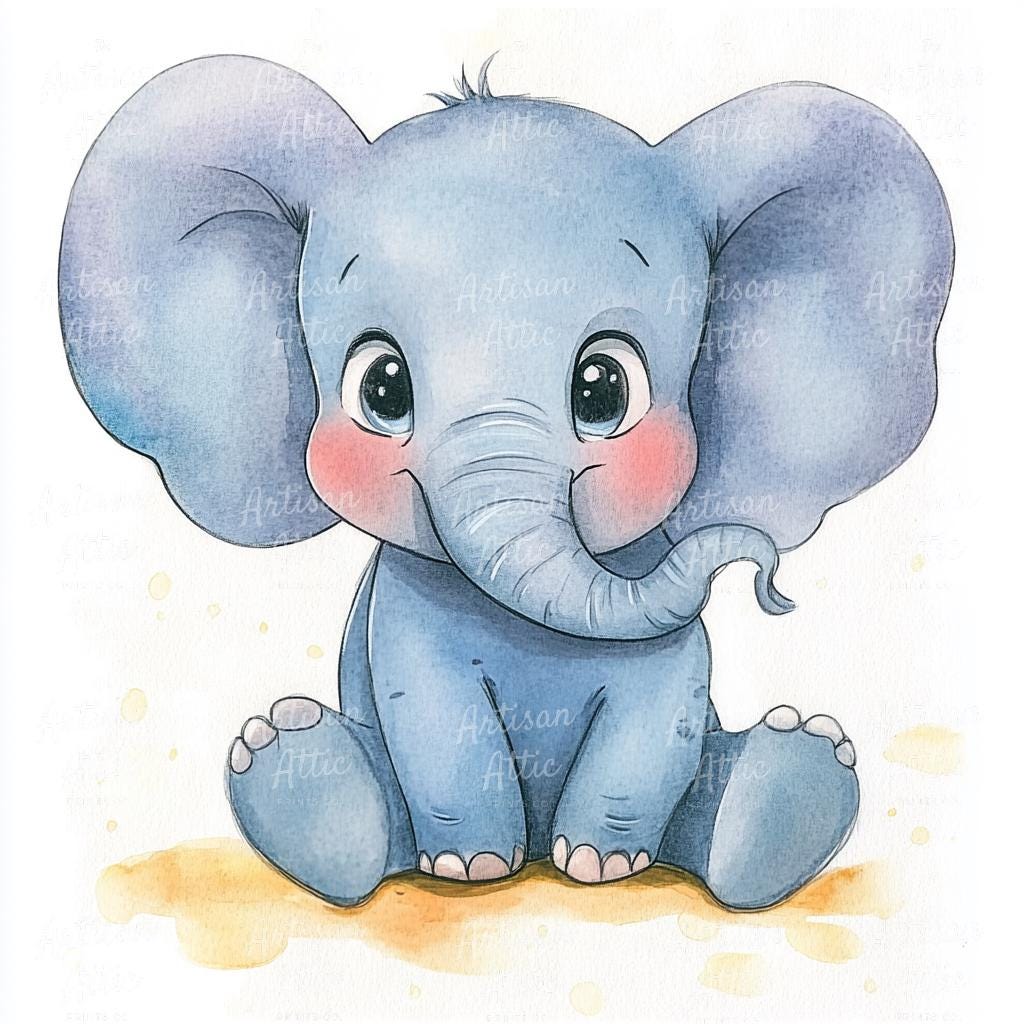 12 Cute Cartoon Elephant Clipart, Watercolor Elephant Clip Art, Baby ...