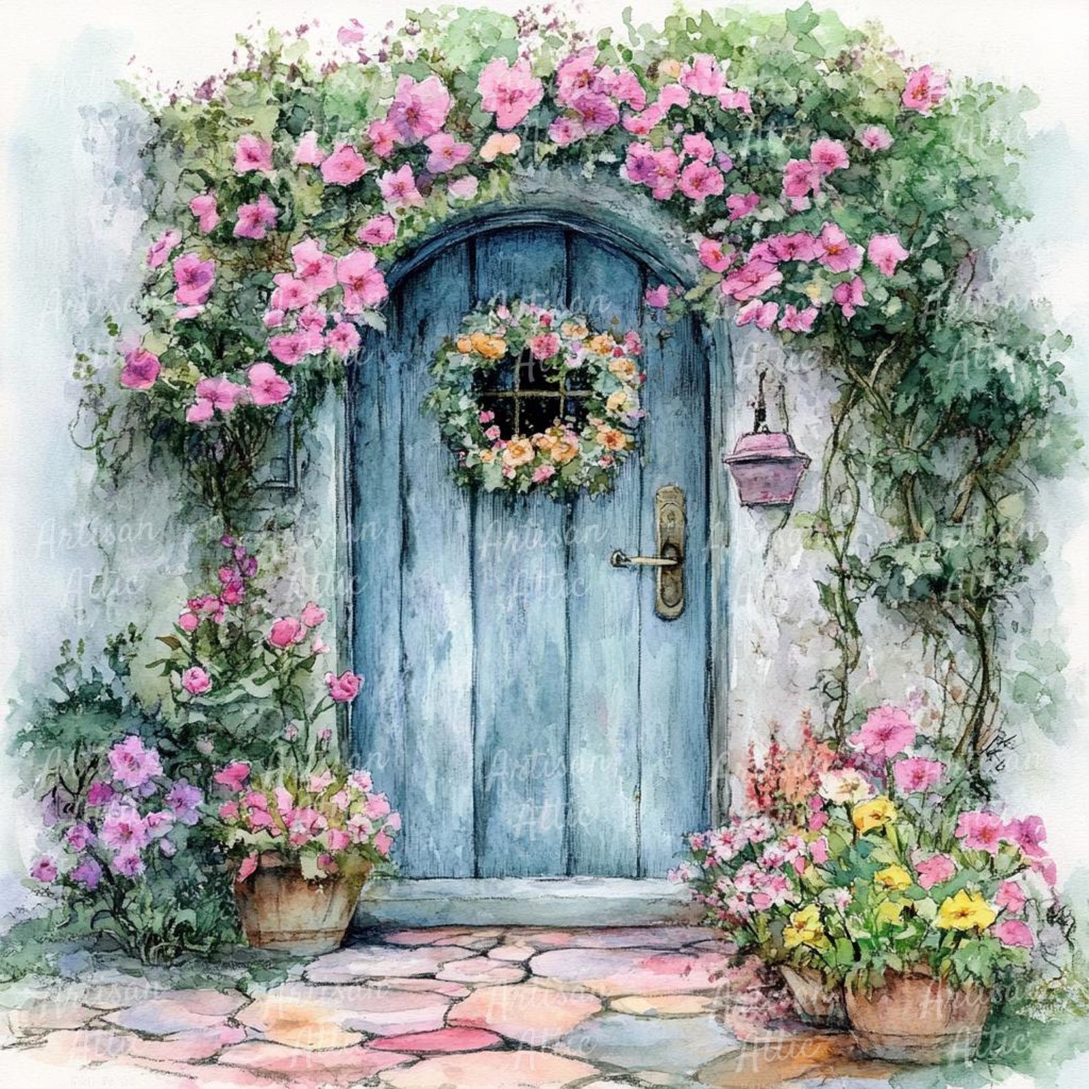 12 Watercolor Vintage Floral Door Clipart, Rose Door Illustration, Hand ...
