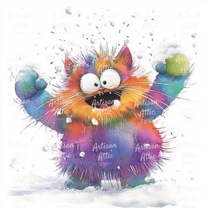 Rainbow Cat Snowball Fight Watercolor Clipart, Whimsical Winter Pet ...