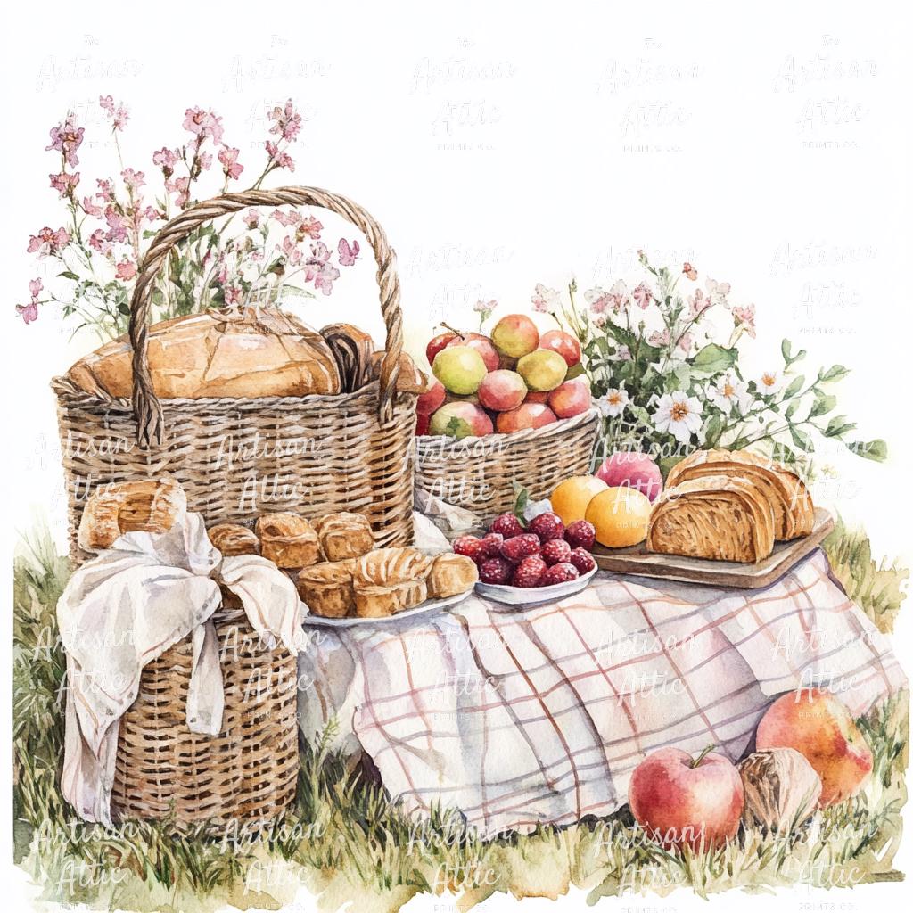 14 Watercolor Picnic Basket Clipart, Rustic Still Life With Fruit ...