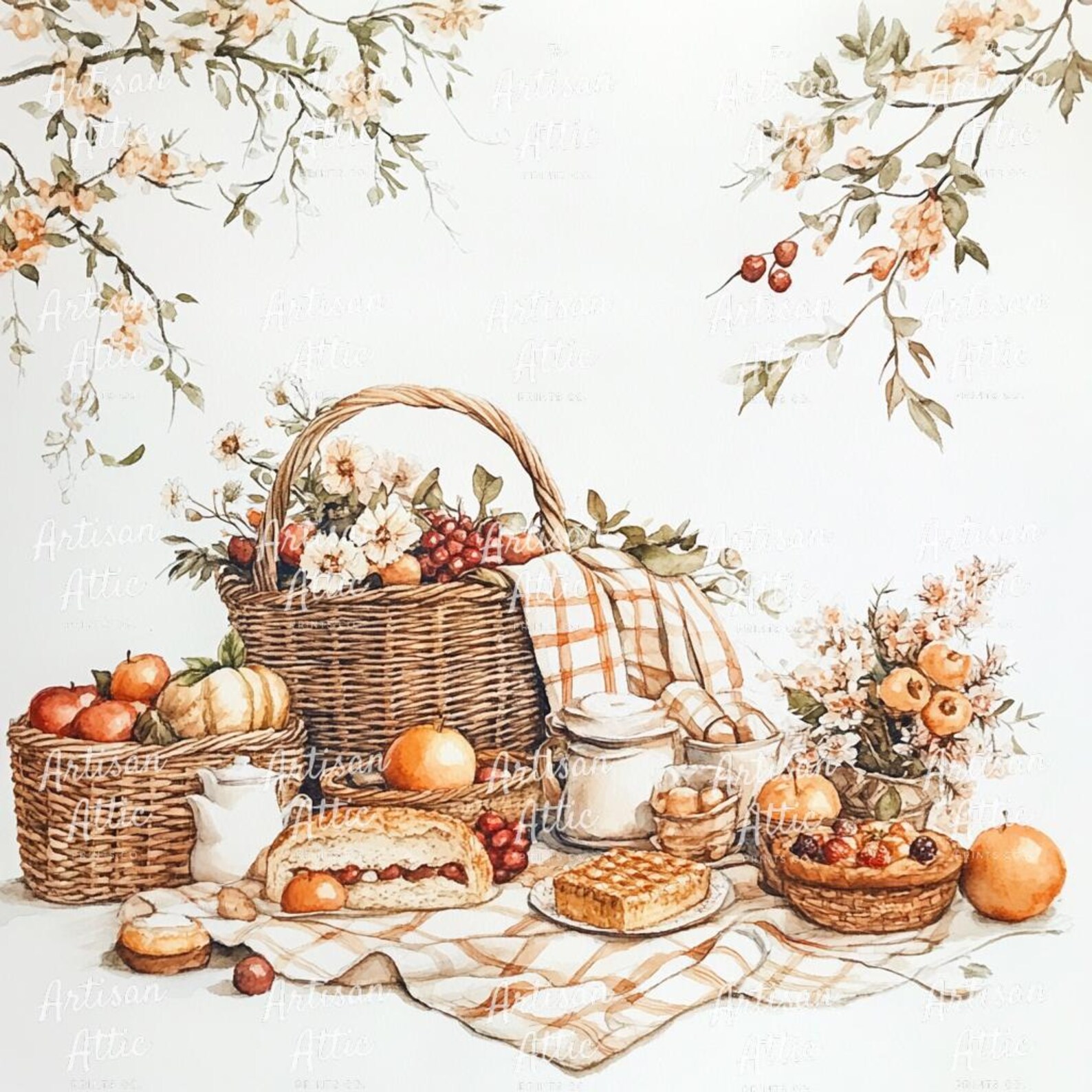 14 Watercolor Picnic Basket Clipart, Rustic Still Life With Fruit ...