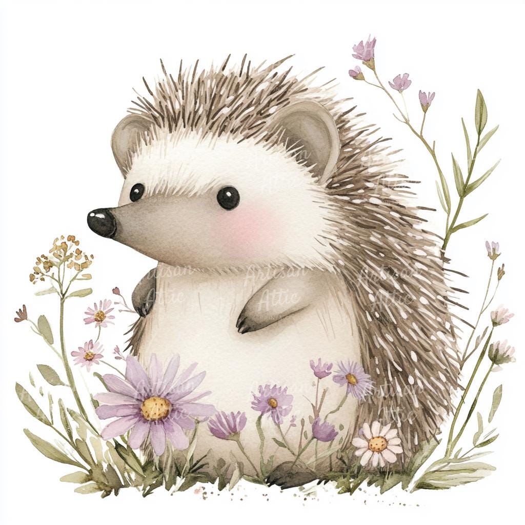12 Watercolor Hedgehog Clipart | Cute Animal Clipart | Flower Holding ...