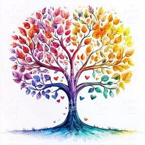 10 Colorful Love Tree Watercolor Clipart With Rainbow Leaves and Hearts ...