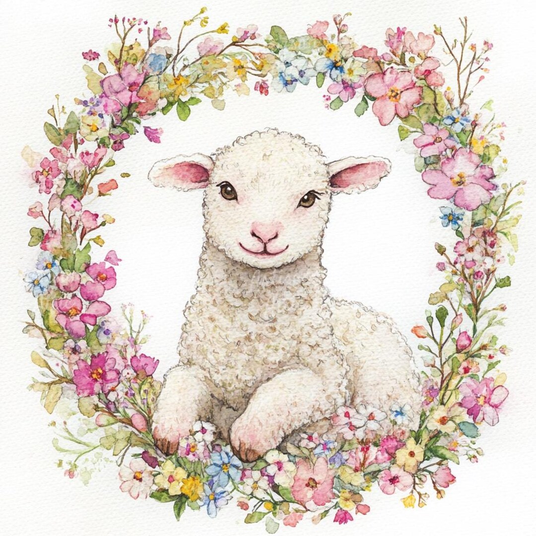 15 Watercolor Lamb Clipart With Floral Wreath, Springtime Artwork ...