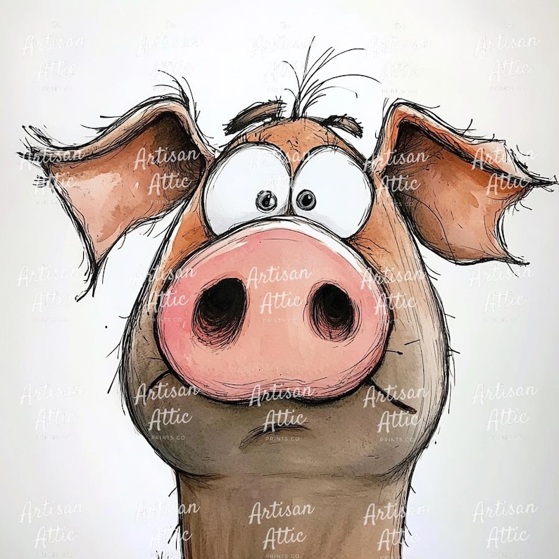 11 Quirky Watercolor Pig With Goofy Eyes and Floppy Ears, Pink Snout ...