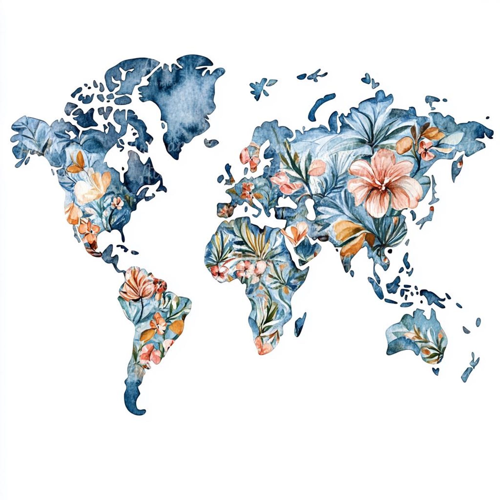 12 Watercolor World Map Clipart | Floral World Map Digital Download ...