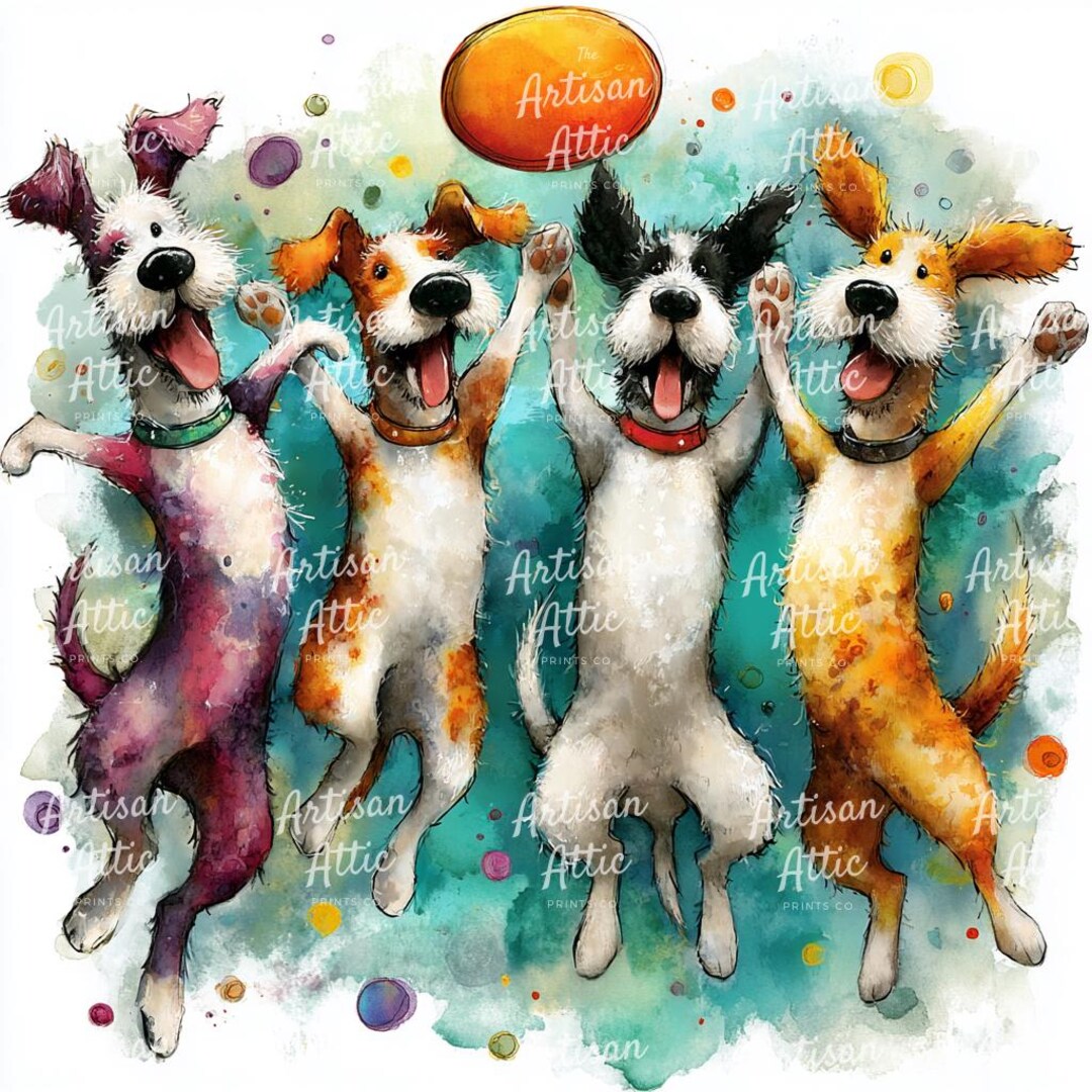 10 Images of Whimsical Group of Happy Jumping Dogs Quirky Watercolor ...