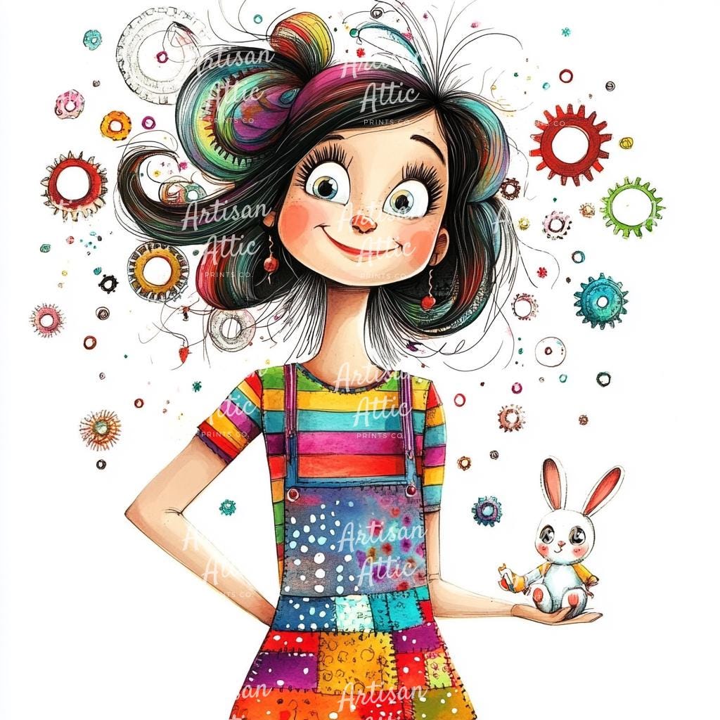 10 Watercolor Quirky Toy Maker Girl in Colorful Overalls Holding Bunny ...