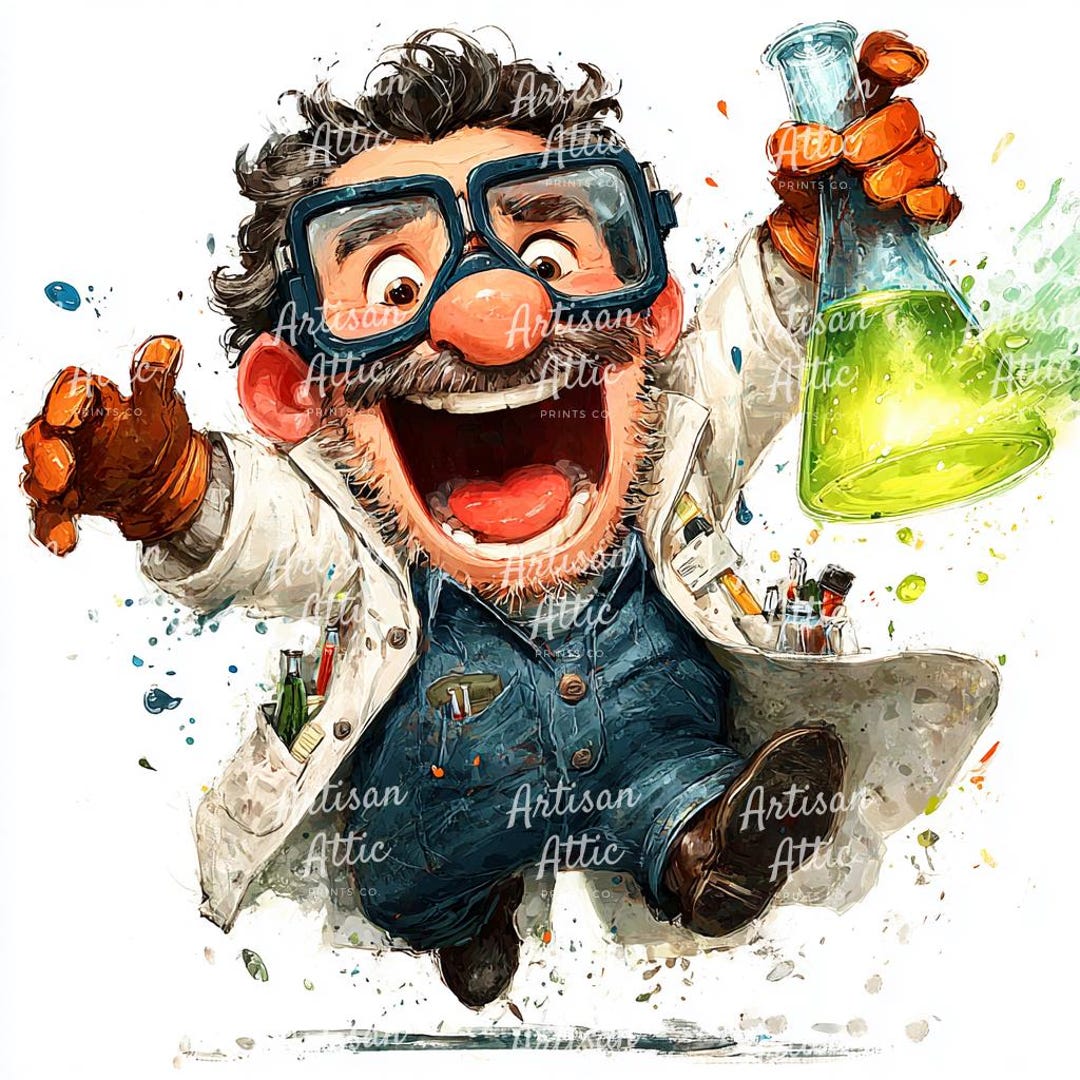 11 Quirky Happy Scientist in Goggles and Lab Coat Holding Glowing Flask ...