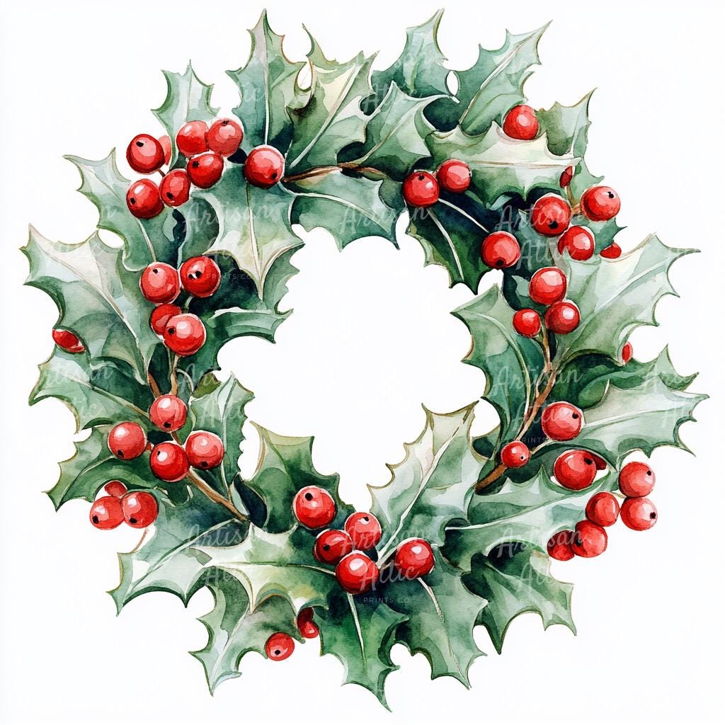 12 Watercolor Holly Wreath Clip Art for Christmas, Holiday Crafts, DIY ...