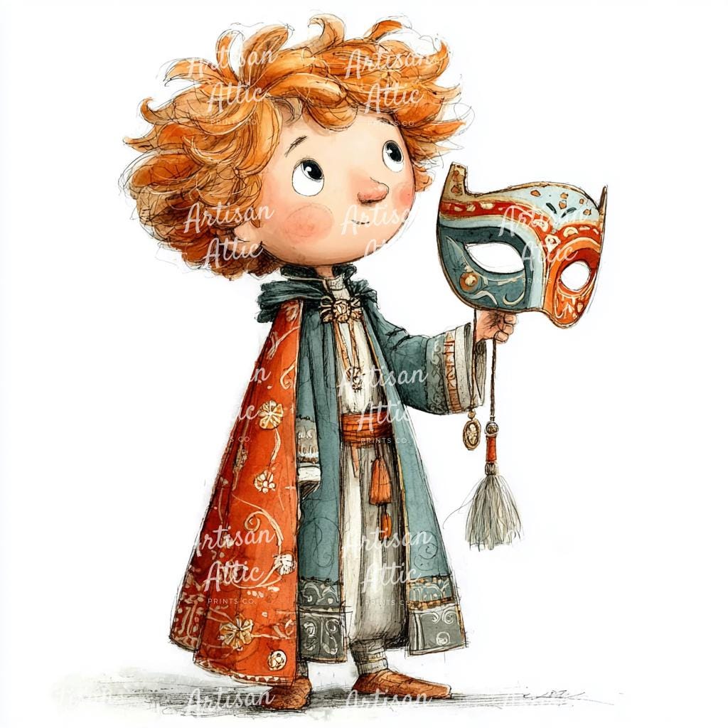 11 Clipart Images of Whimsical Boy in Costume, Quirky Watercolor Style ...