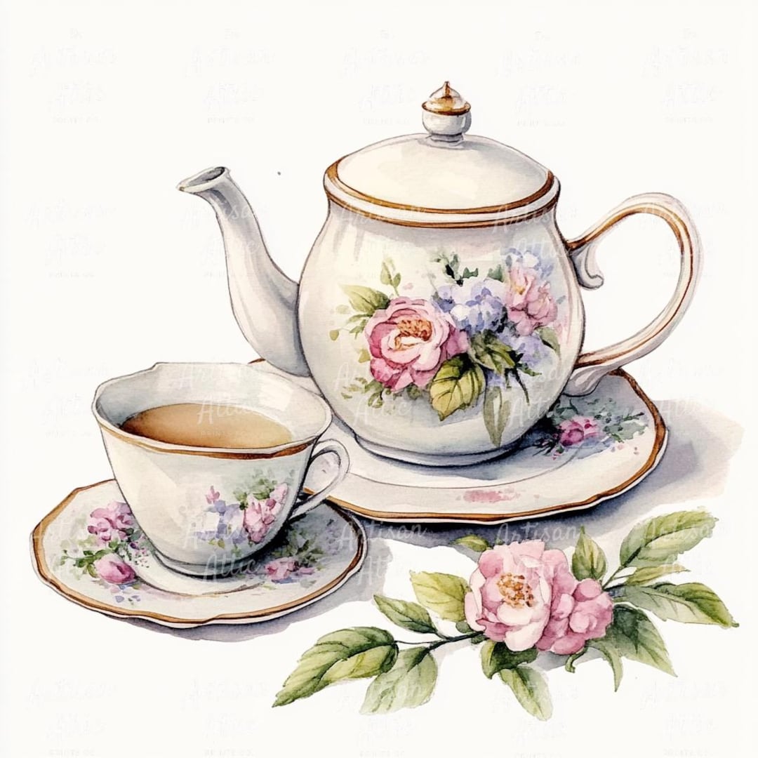 11 Watercolor Vintage Tea Set Clip Art Digital Download | Floral Teapot ...