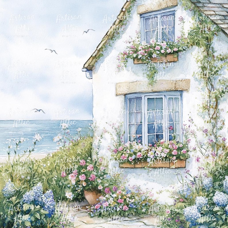 16 Seaside Cottage Window Box Watercolor Clipart for Digital Crafting ...